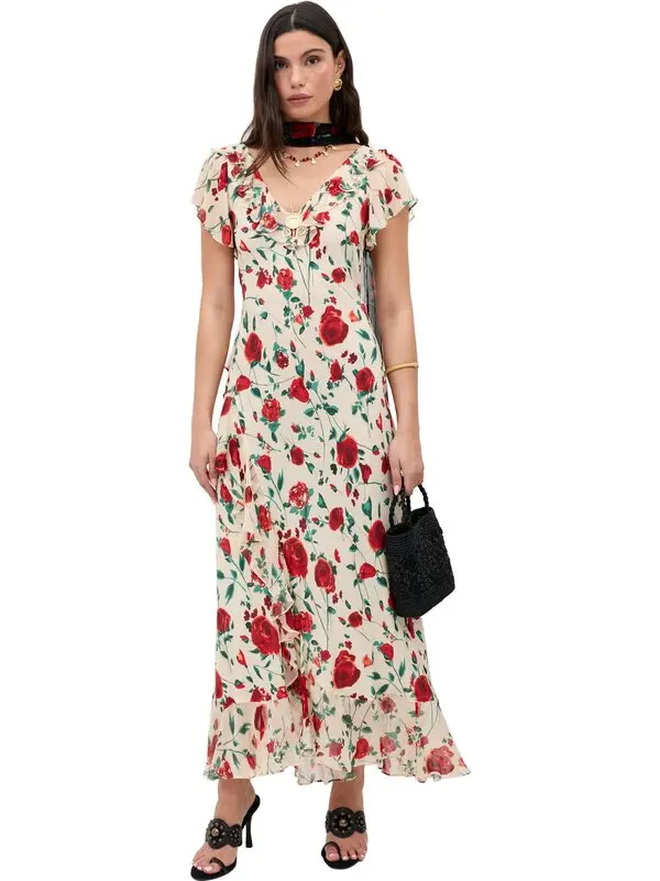 Rixo Floral Print Midi Dress - Cream