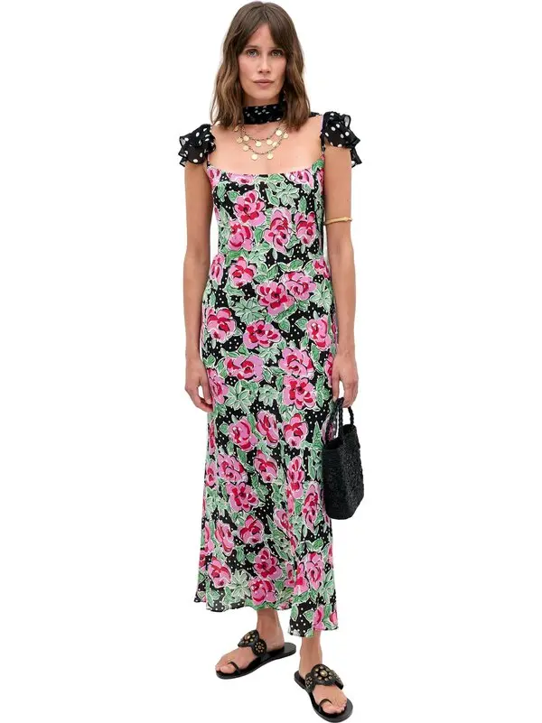 Rixo Adele Rose Dot Mix Dress - Black