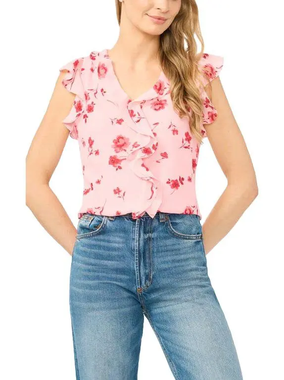 CECE DUPRAZ Floral Ruffle Trim Top - Coral Bloom
