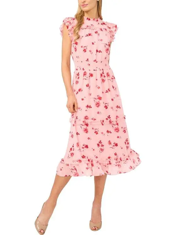 CECE DUPRAZ Floral Print Flutter Sleeve Smocked Midi Dress - Coral Bloom