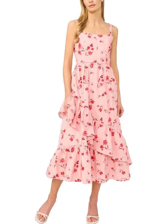 CECE DUPRAZ Floral Ruffle Cotton Midi Dress - Coral Bloom