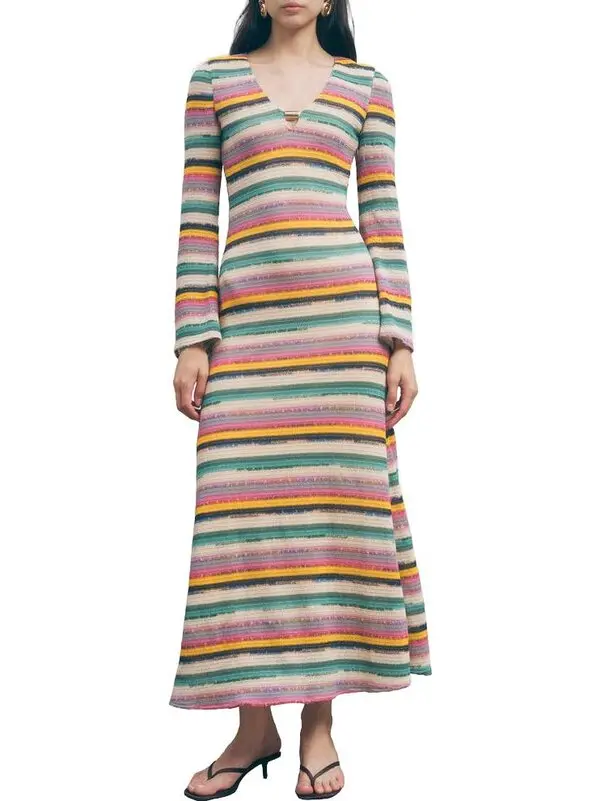 MAUDE CLUB Priscilla Long Sleeve Stripe Knit Dress - Multi Plaid