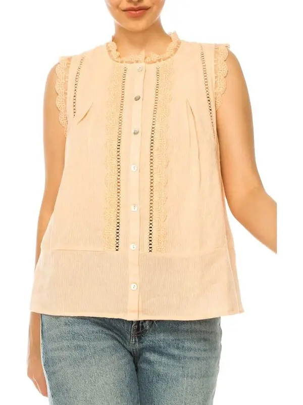 A COLLECTIVE STORY Lace Trim Cotton Button-up Top - Bisque
