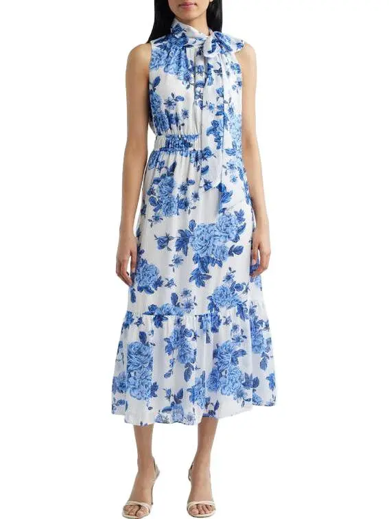 Anne Klein Floral Stripe Mock Neck Midi Dress - Marina Multi