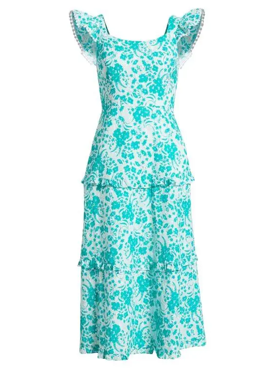 Anne Klein Floral Ruffle Tiered Midi Dress - Crispt White/beryl Green