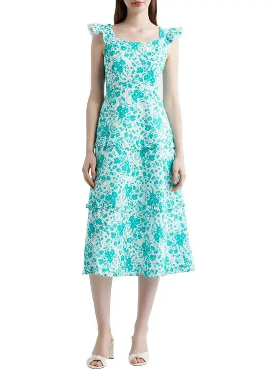 Anne Klein Floral Ruffle Tiered Midi Dress - Crispt White/beryl Green