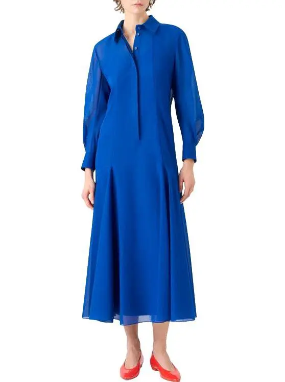 Akris Godet Flared Long Sleeve Cotton Voile Shirtdress - Lapis Blue