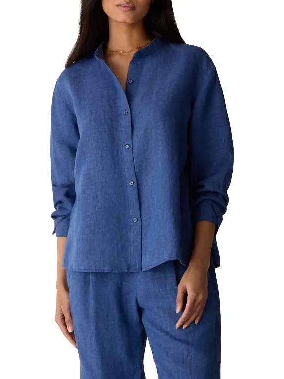 Eileen Fisher Mandarin Collar Long Sleeve Linen Shirt - Deep Dive