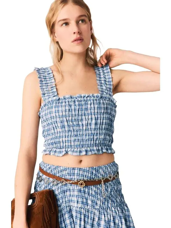 Maje Smocked Rhinestone Cotton Top - Blue Check Print