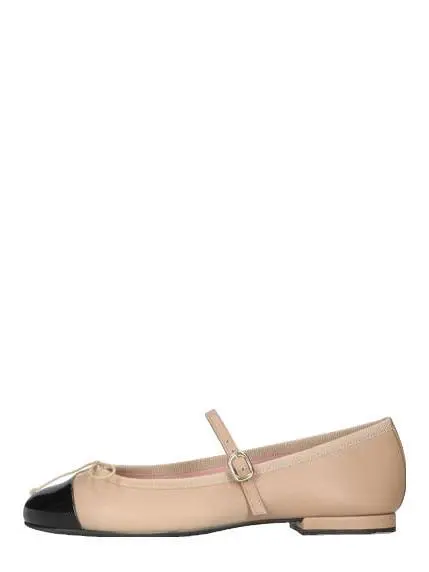 Pretty Ballerinas Round Toe Ballet Flat With Heel And Strap - Beige