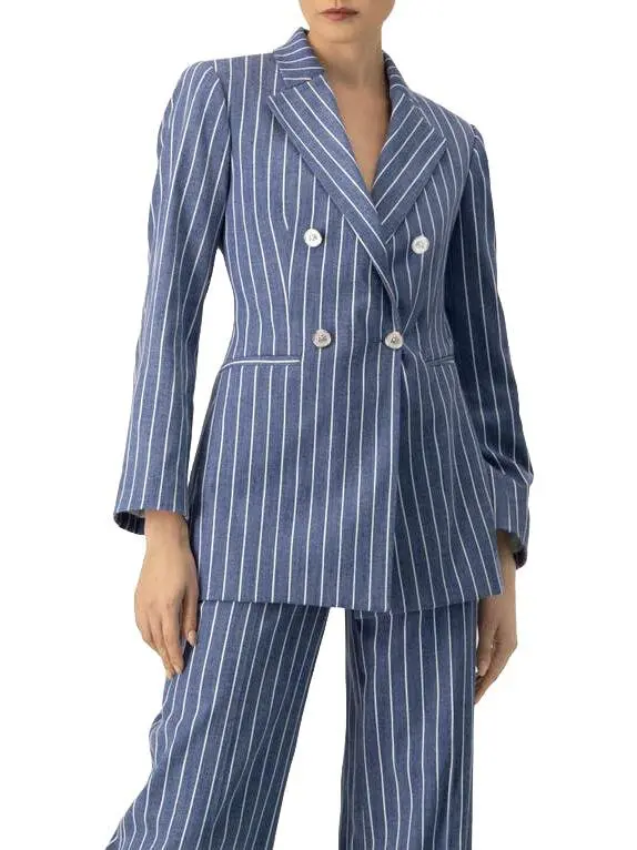 IVONNE Striped Double-breasted Blazer - Blue