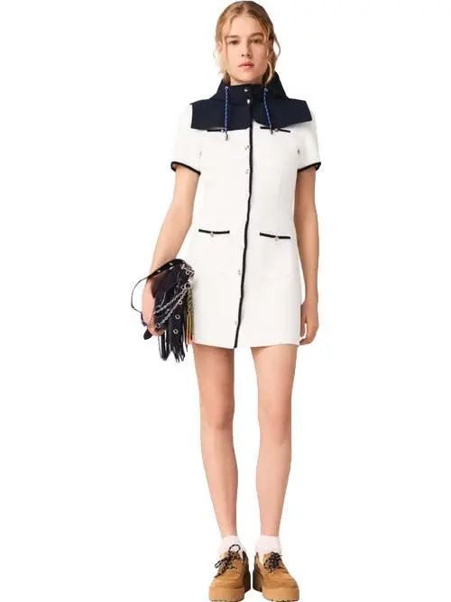 Maje Short Knit Dress With Pockets And Trim - Ecru