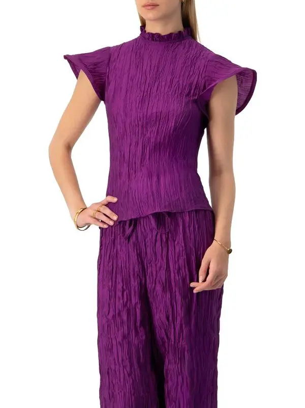 IVONNE Straight Ruffle Short Sleeve Blouse - Purple