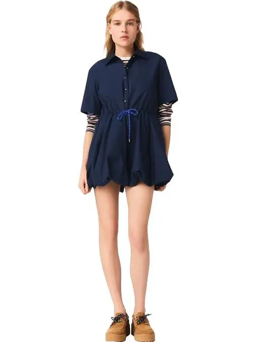 Maje Cotton Shirt Dress With Braided Drawstring - Navy