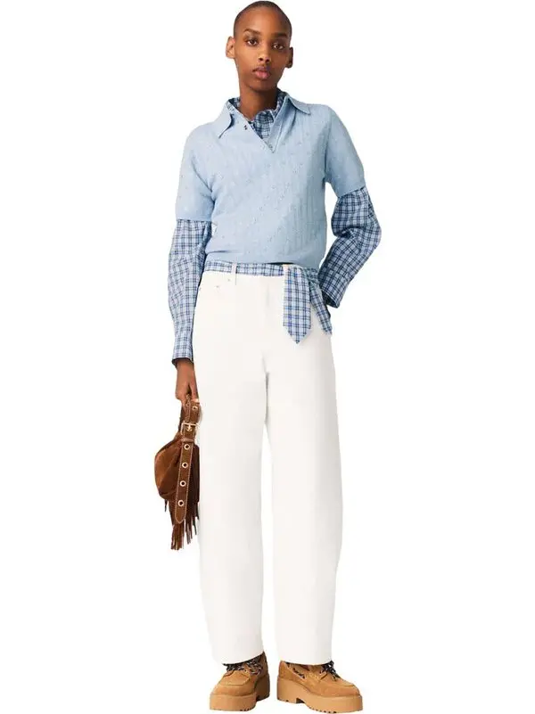Maje Cropped Knit Polo Shirt With Rhinestones - Blue Sky