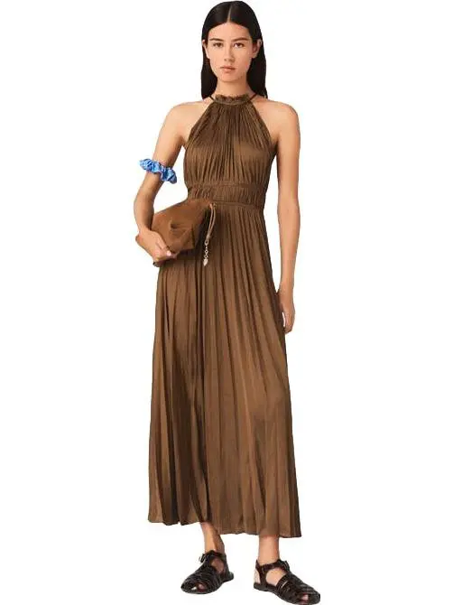 Maje Pleated Maxi Halterneck Dress - Brown