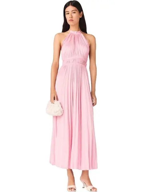 Maje Pleated Halterneck Maxi Dress - Pink
