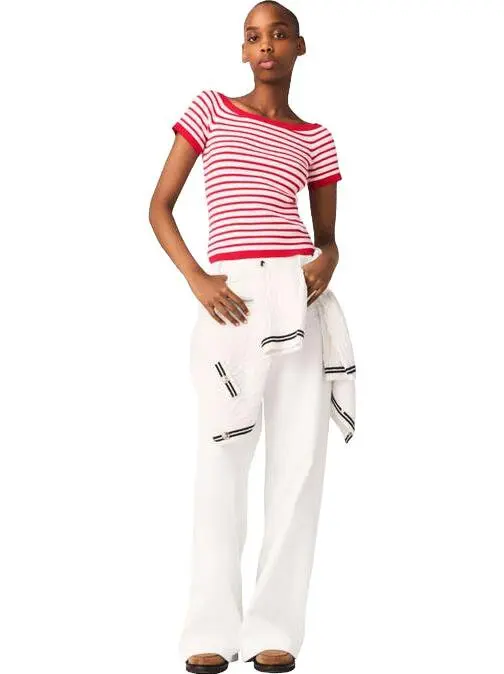 Maje Striped Knit Top With Boat Neck - Red
