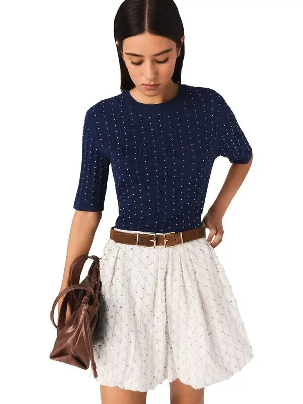 Maje Rhinestone Embellished Short-sleeve Sweater - Navy