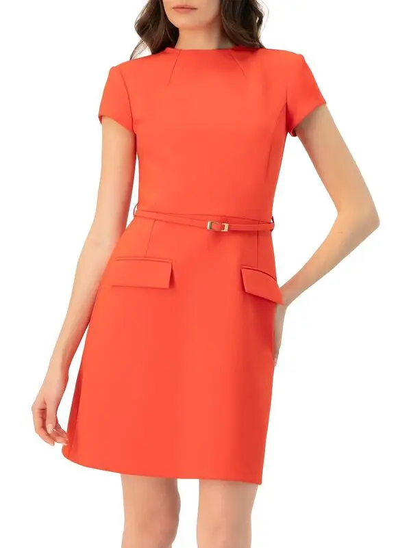 IVONNE Short Sleeve High Neck Belted Dress - Orange