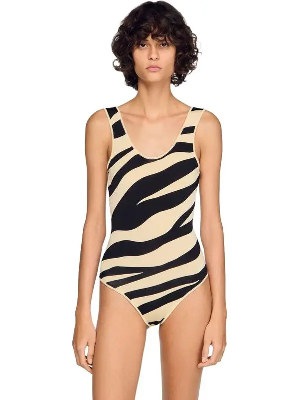 Sandro Zebra Print Knit Bodysuit - Ecru/black