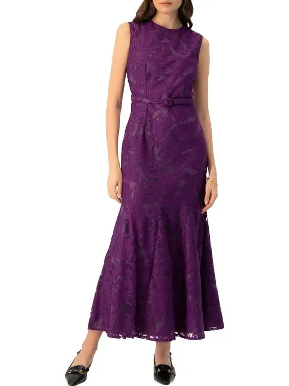IVONNE Sleeveless Lace Maxi Dress With Belt - Purple