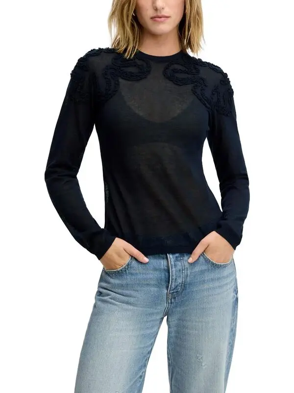 Sam Edelman Crewneck Sweater With Ruffle Trim - Navy