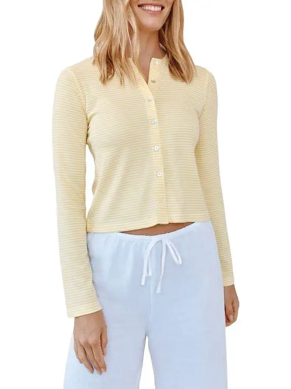 Bella Dahl Stripe Crop Ribbed Cardigan - Lemon Meringue Stripe