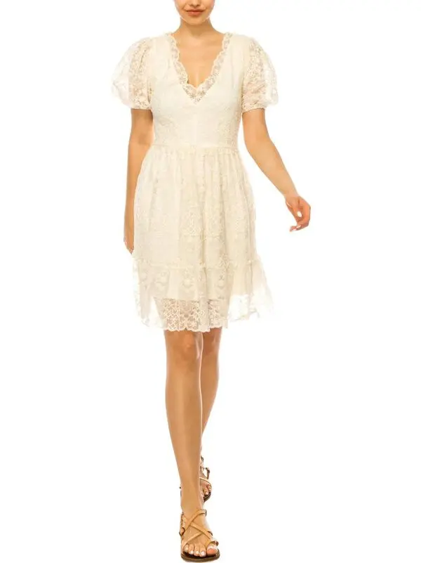 A COLLECTIVE STORY Lace Puff Sleeve V-neck Dress - Natural