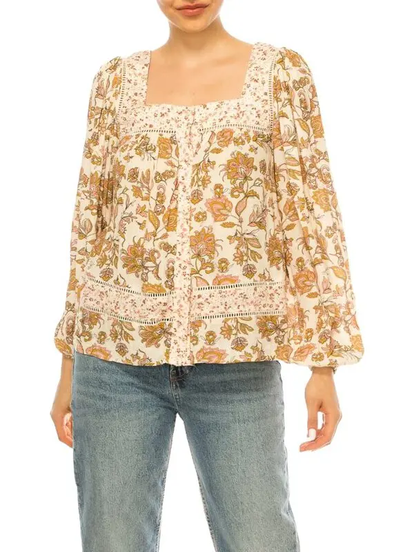 A COLLECTIVE STORY Mixed Print Lace Trimmed Top - Natural
