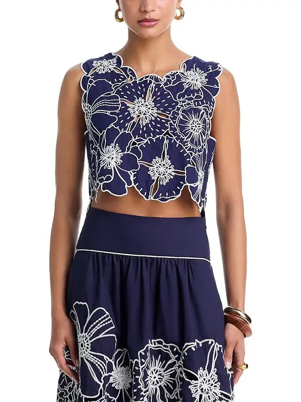 Farm Rio Embroidered Floral Cropped Top - Blue