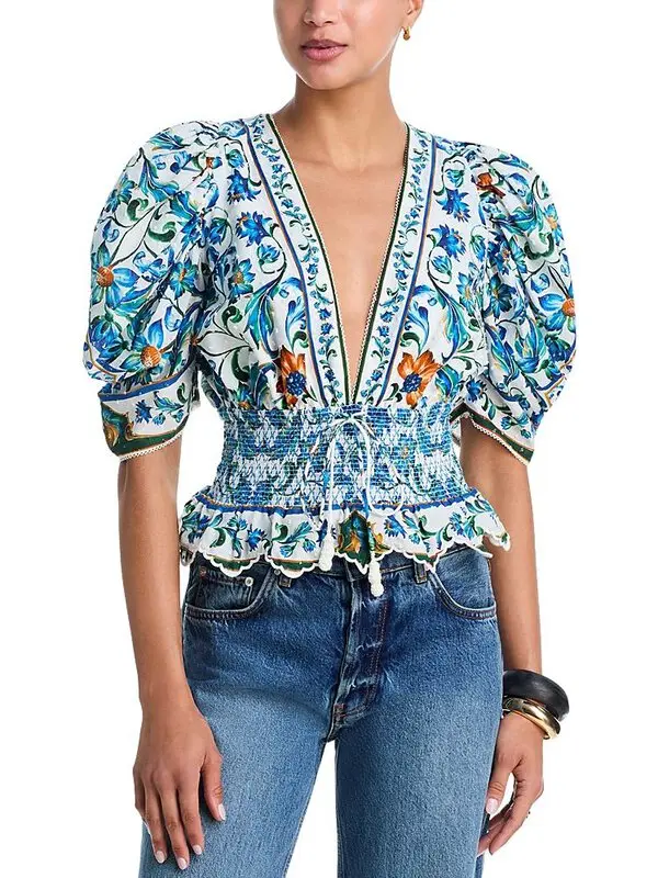 Farm Rio Plunging Neck Blouse - Flora Tile