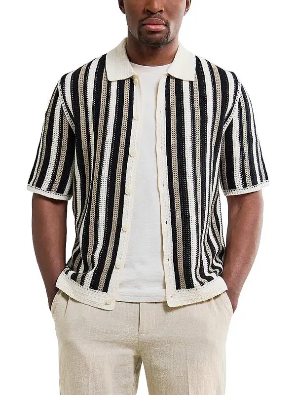 WAX LONDON Porto Stripe Crochet Polo Shirt - Ecru/black