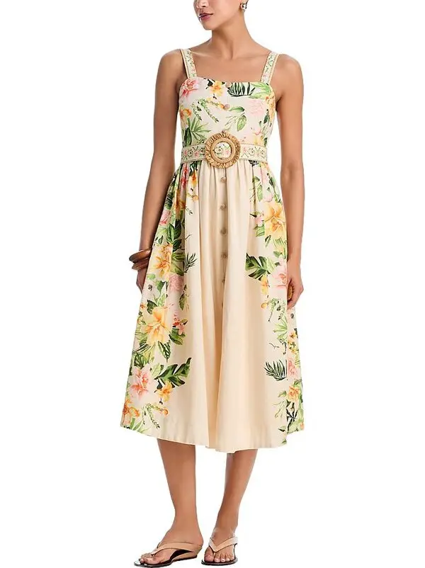 Moon River Floral Midi Dress With Belt - Cream Multi