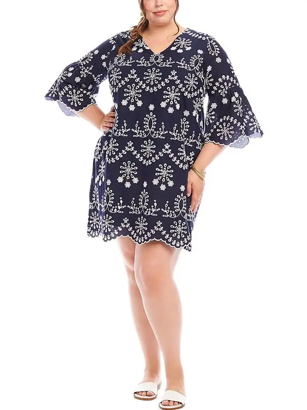 Karen Kane Flare Sleeve Embroidered Dress - Navy/ Off White