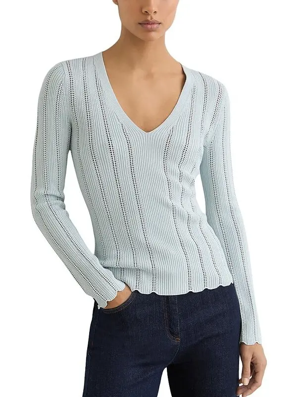 REISS V-neck Ribbed Pointelle Sweater - Pale Blue