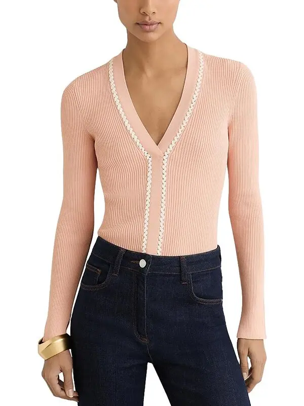 REISS Lauri Craft Stitch Trim Top - Pink/ivory