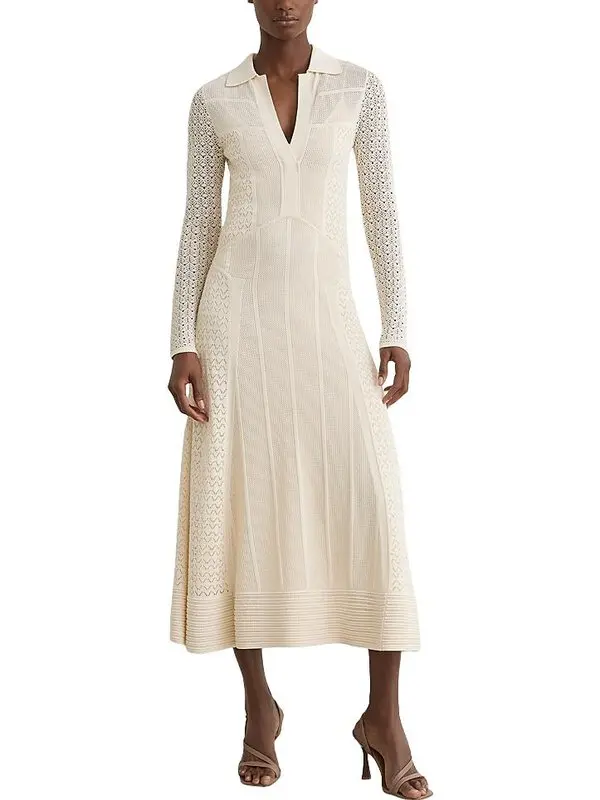 REISS Pointelle Knit Panelled Midi Dress - Cream