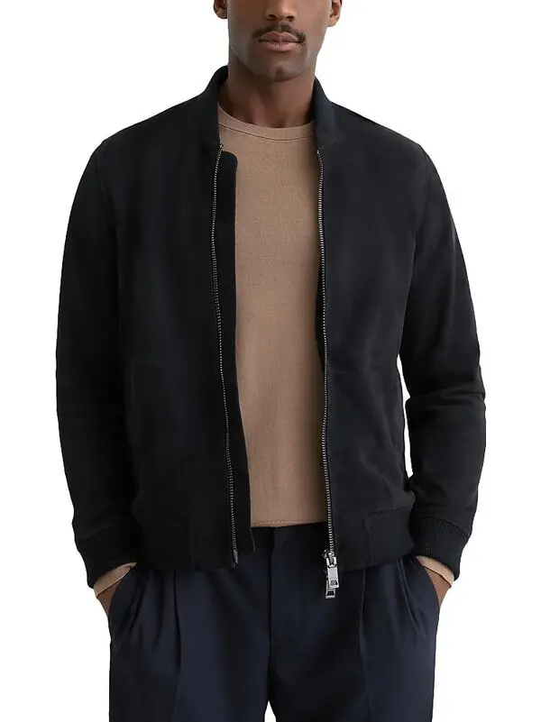 REISS Suede Zip Through Bomber Jacket - Navy