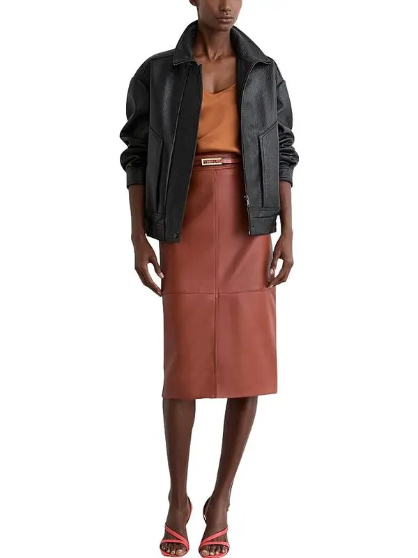 REISS Leather Midi Skirt - Rust Orange