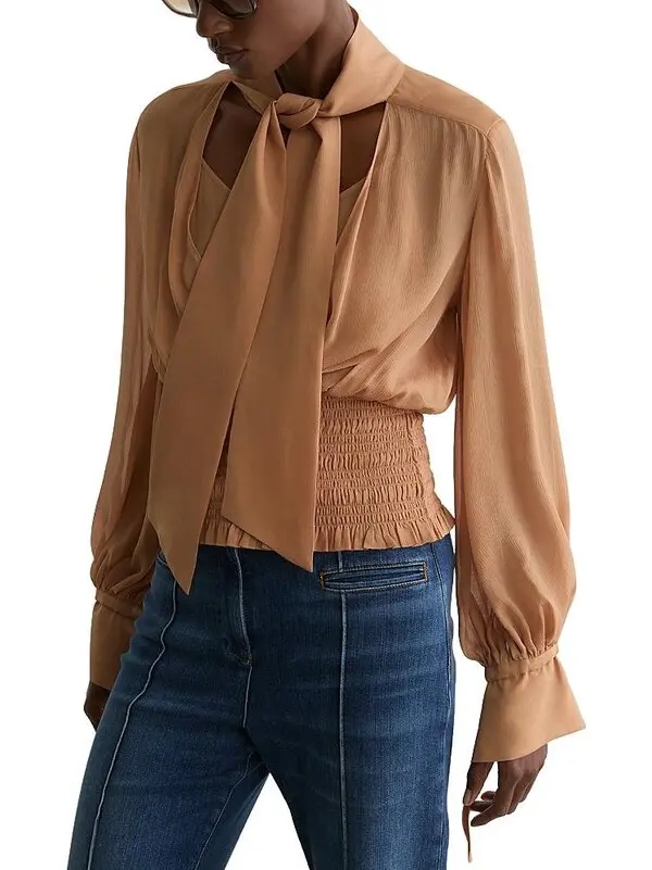 REISS Phoebe Tie Neck Blouse - Rust Orange
