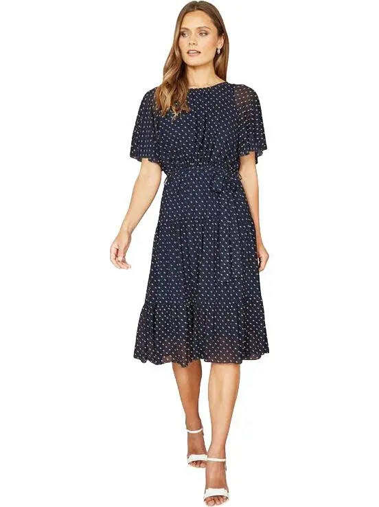 YUMI Dot Print Mesh Midi Dress - Navy