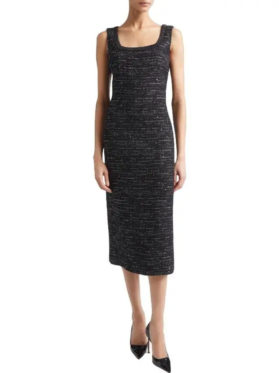 St. John Cannes Tweed Sleeveless Midi Dress - Black Metallic Multi