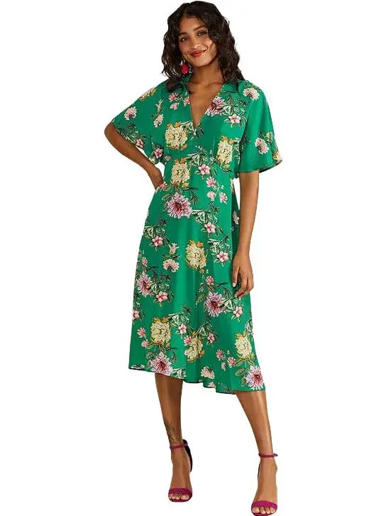 YUMI Floral Kimono-inspired Midi Dress - Green