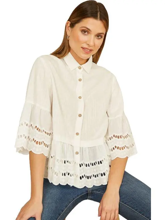 YUMI 3/4 Sleeve Scallop Trim Shirt - White