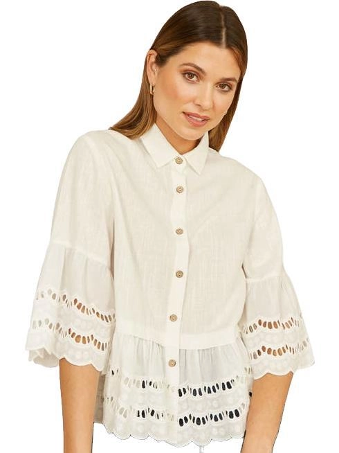 YUMI 3/4 Sleeve Scallop Trim Shirt - White