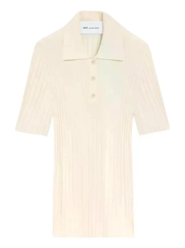 Ami Ribbed Short-sleeves Polo Top - Neutrals