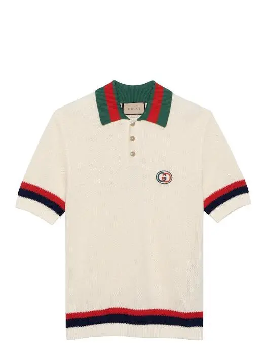Gucci Knitted Gg Logo Resort Polo Shirt - Ivory Red Green