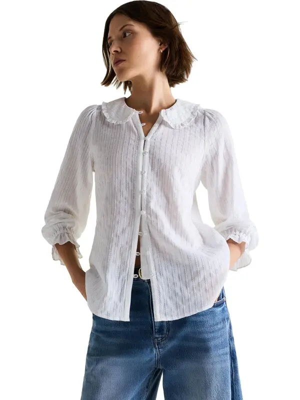 Quince Embroidered Cotton Ruffle Collar Blouse - Classic White