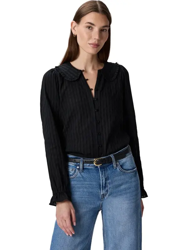 Quince Embroidered Cotton Ruffle Collar Blouse - True Black